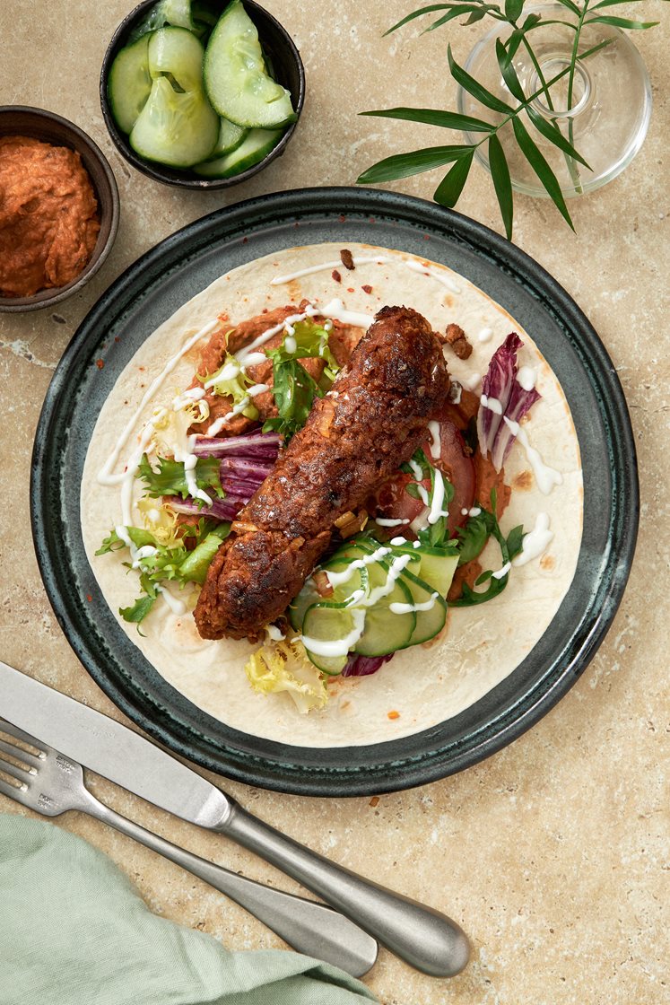 Vegetarisk kebabrulle med aubergineröra och syrad gurka - Linas Matkasse